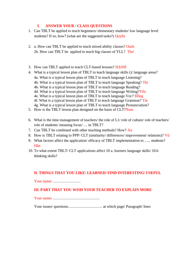 CLT and TBLT question - output teaching day 3-4 | PDF