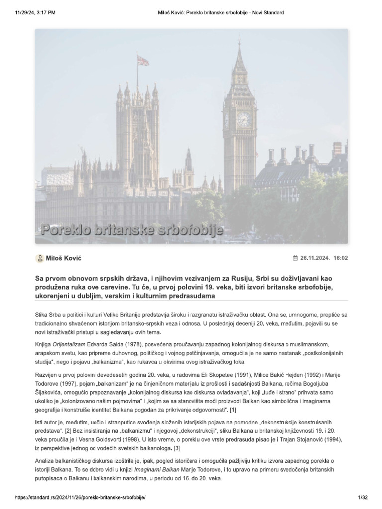 NOVI Standard Milos Kovic Poreklo Britanske Srbofobije | PDF