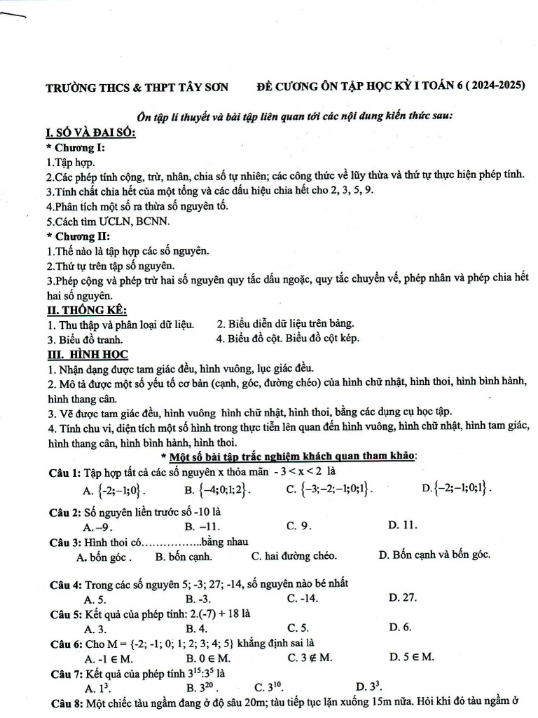 De Cuong Toan 6 Hk1 Tay Son 2024-2025 | PDF