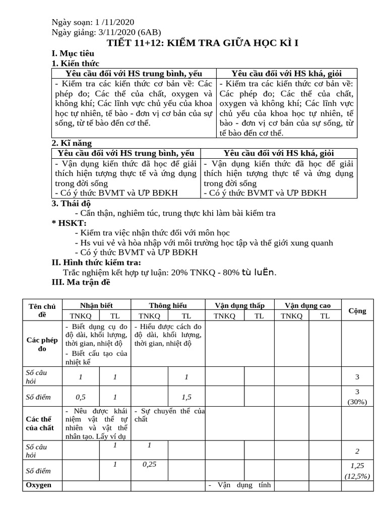 KT Giua Ki I KHTN 6 CTST | PDF