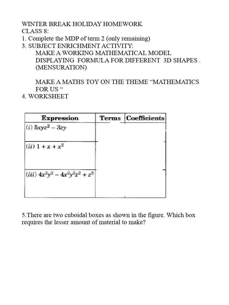 Class 8 Winter Break Homework | PDF