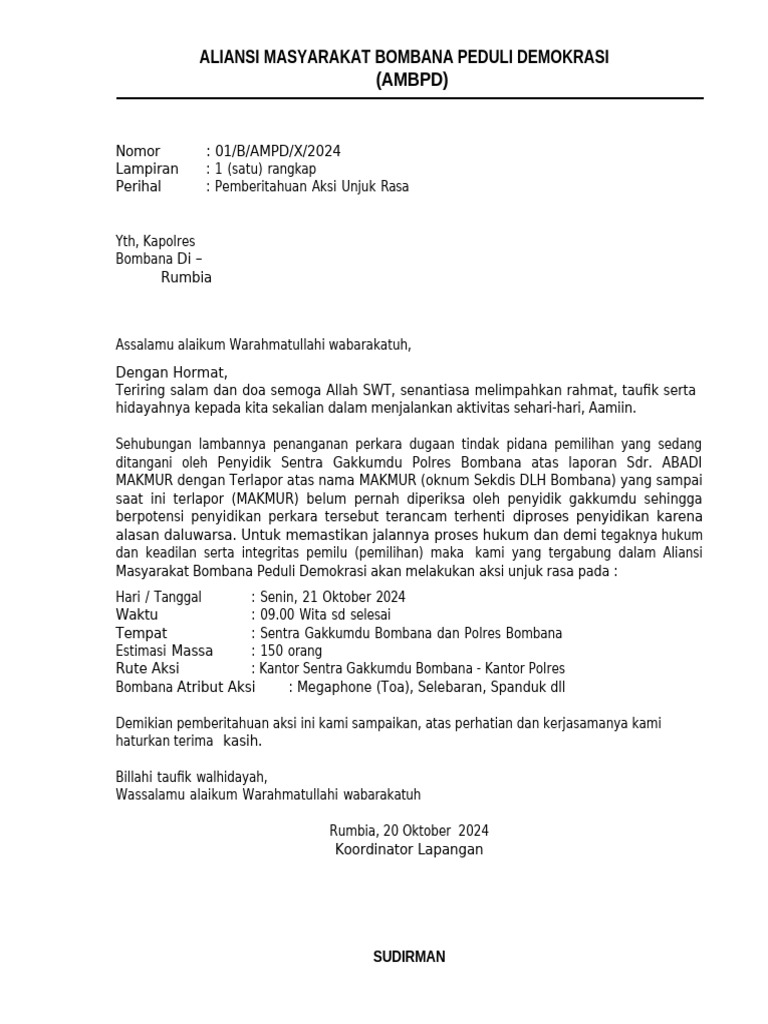 Surat Pemberitahuan Aksi | PDF