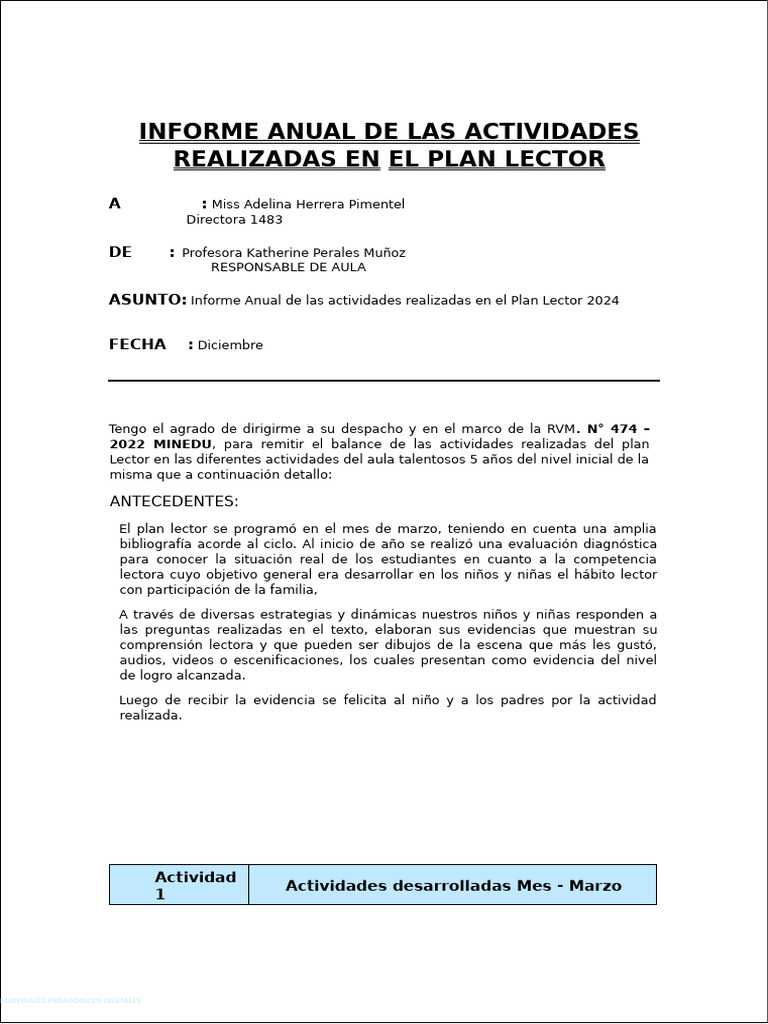 Informe Anual Plan Lector 2024 | PDF | Educación de la primera infancia