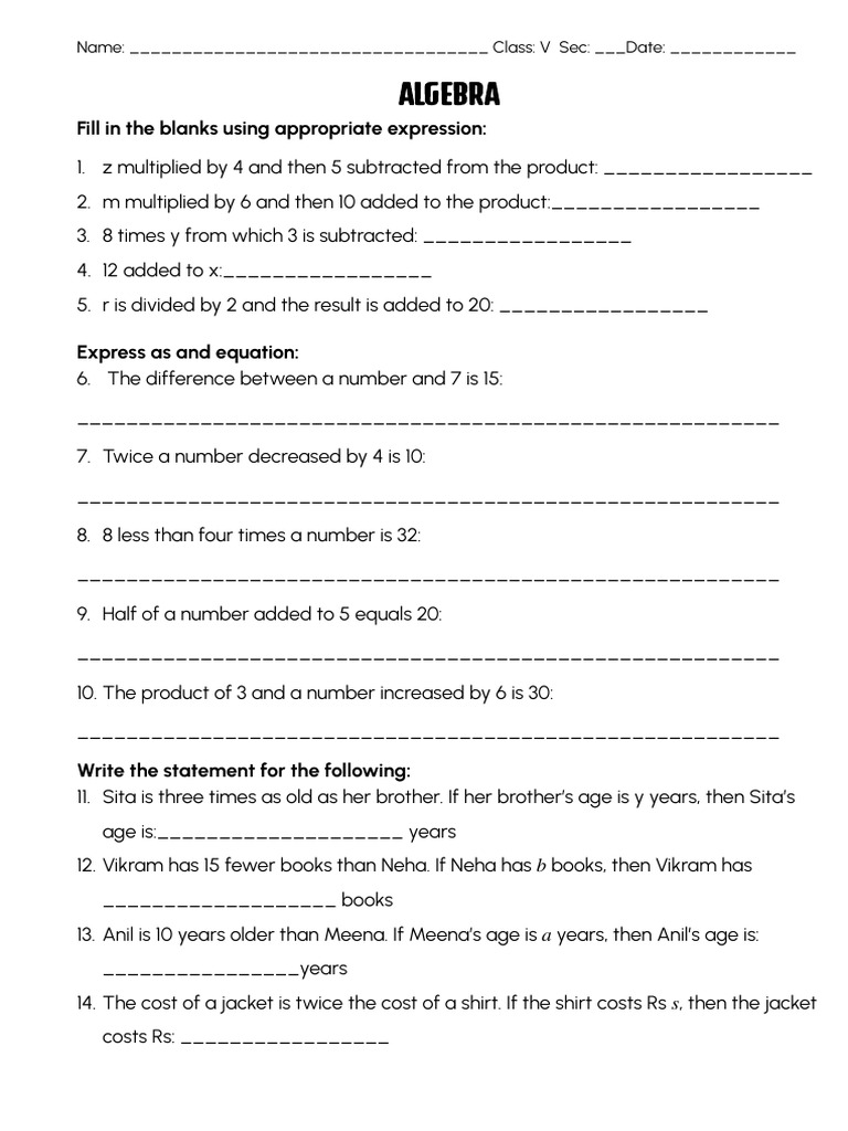 CLASS VI - WORKSHEET No 2 ALGEBRA | PDF