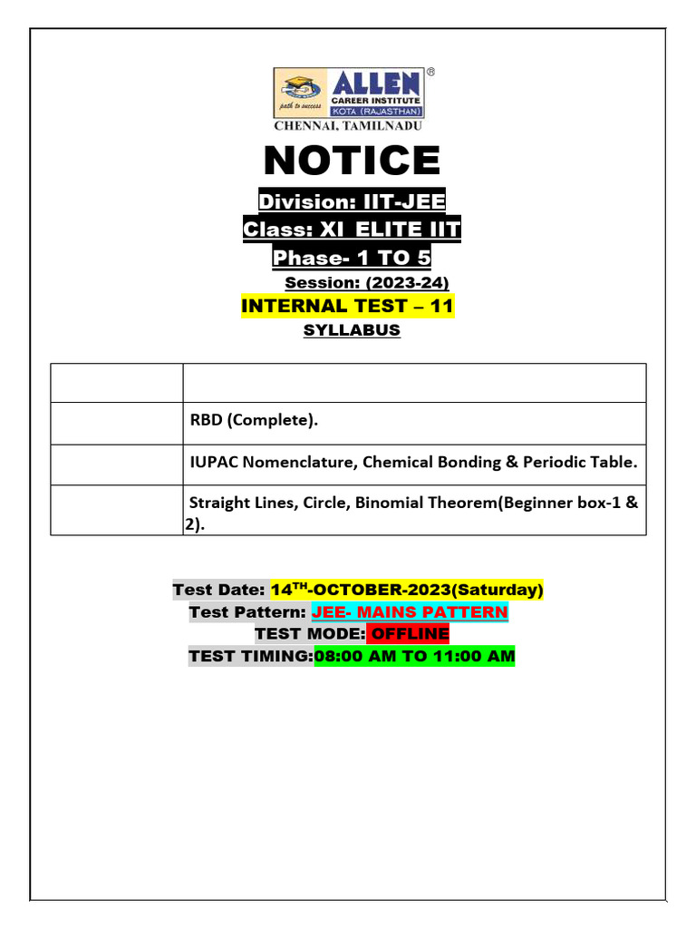 Notice: Division: IIT-JEE Class: Xi - Elite Iit Phase-1 TO 5 | PDF