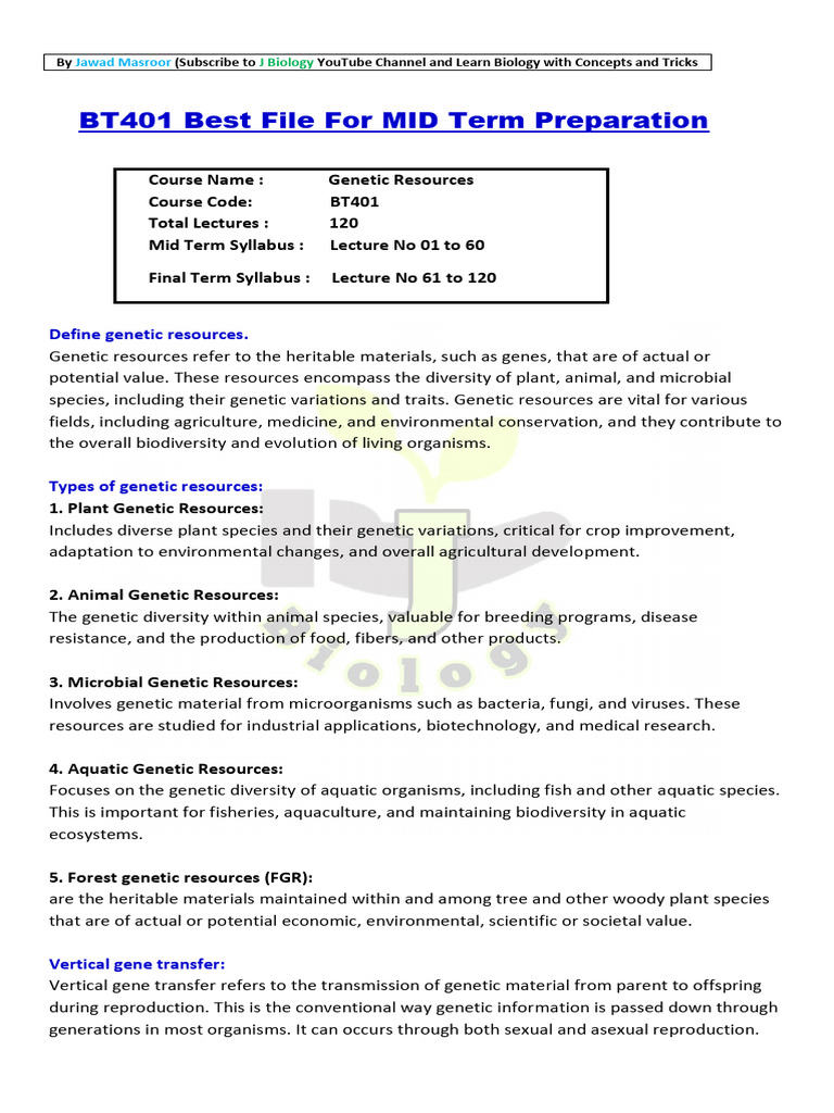 BT401 Best File For MID Term Preparation by Jawad Masroor (J Biology) | PDF | Genetic Diversity ...