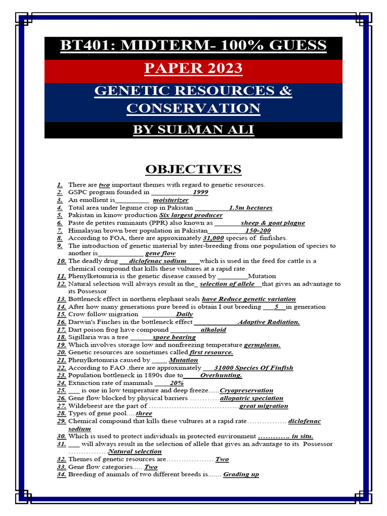BT401 Midterm Subjective Objective 100% Guess Paper 2023 by Sulman Ali | PDF | Genetic Diversity ...
