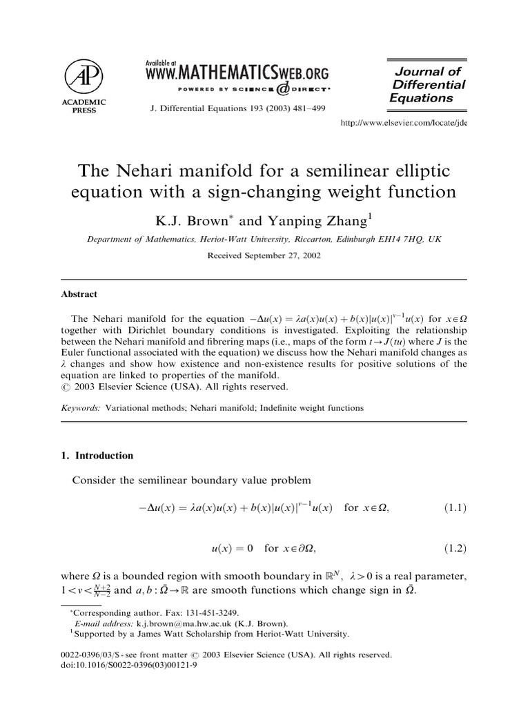 2003 - Brown - The Nehari Manifold For A Semilinear Elliptic | PDF | Manifold | Equations