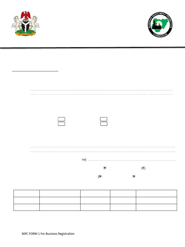 NIPC Business Registration Form 1 | PDF | Equity (Finance) | Corporations