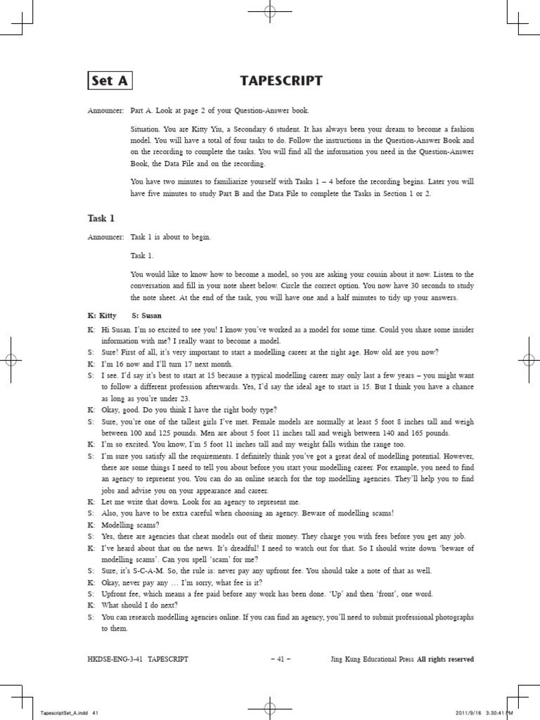Eng Mock Paper 3 (L) Tapescript Set A | PDF