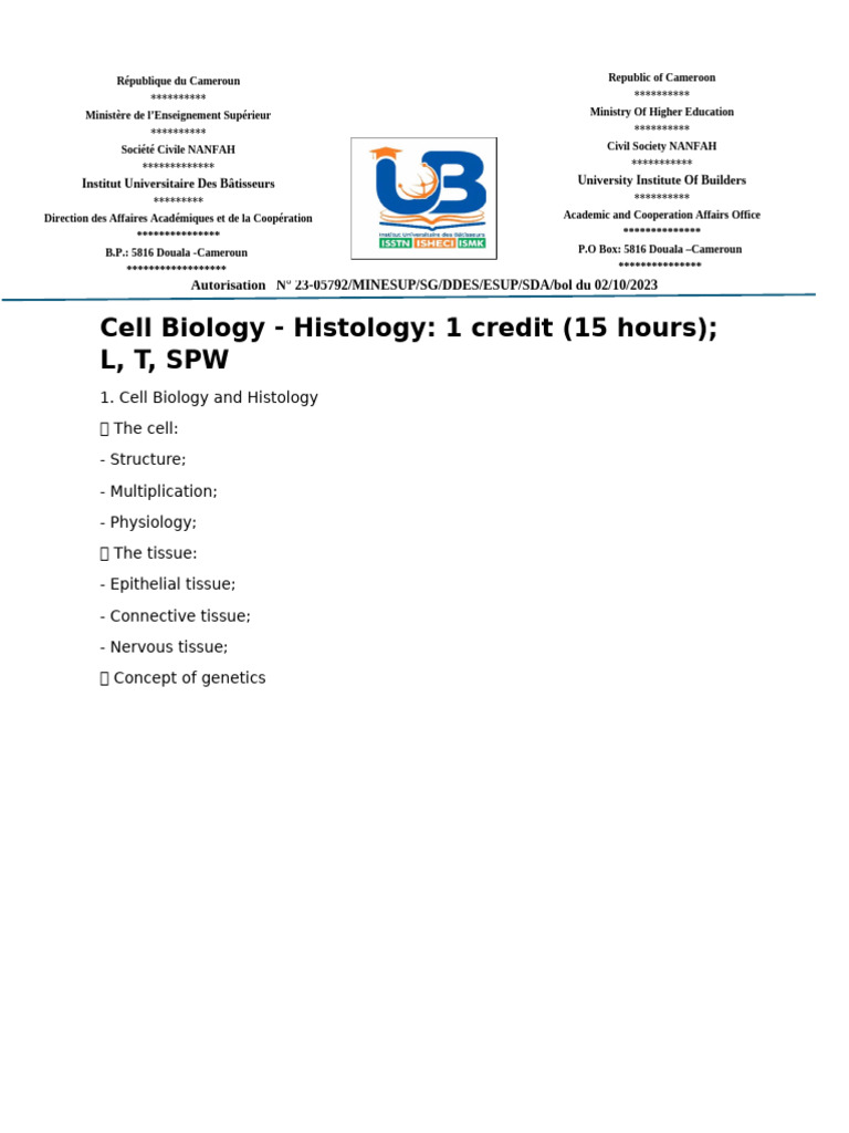 Cell Biology and Histology Course Overview | PDF