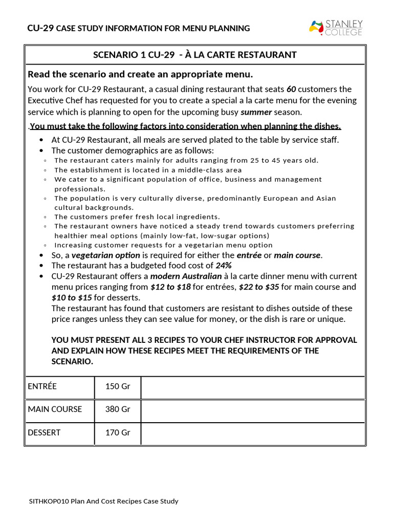 Scenarios for SITHKOP010 Plan and Cost Recipes CU-29 | PDF | Menu ...