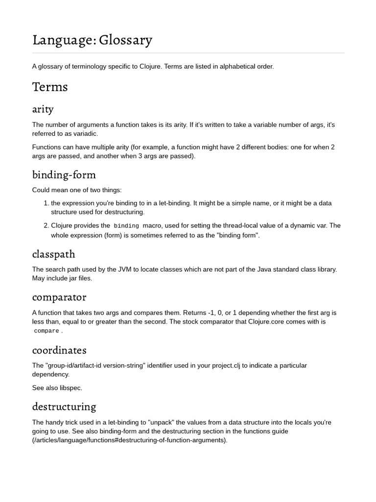 Clojure Guides_ Language_ Glossary | PDF | Clojure | Parameter (Computer Programming)