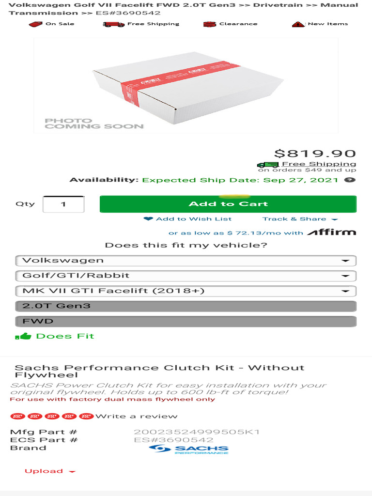 Volkswagen Golf VII Facelift FWD 2.0T Gen3 Drivetrain Manual Transmission - 20023524999505K1 ...