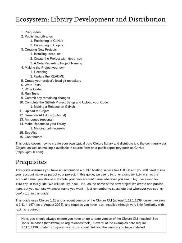 Clojure Guides - Ecosystem - Library Development and Distribution | PDF | Clojure | Computing