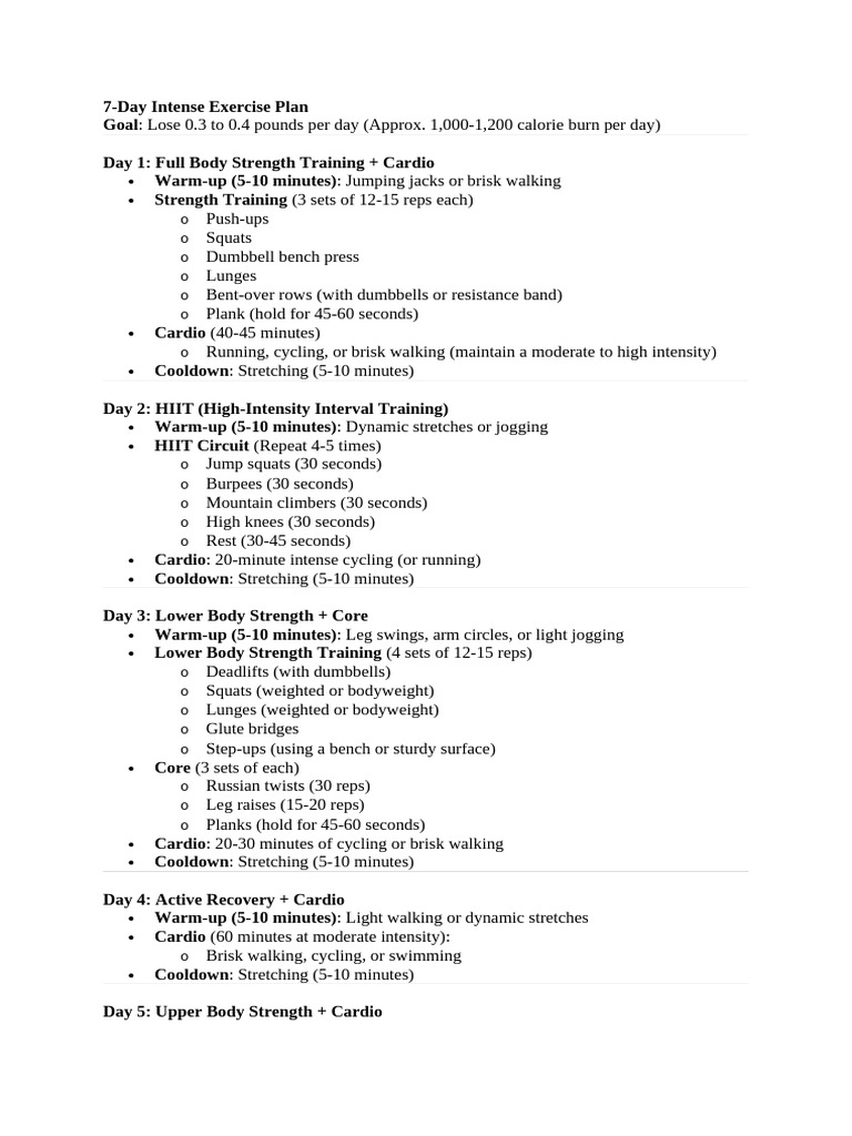 7-Day Intense Exercise Plan | PDF | Strength Training | High Intensity ...