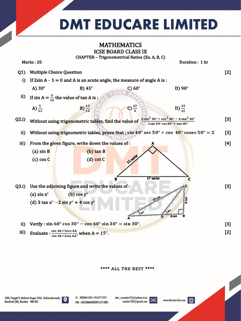9th ICSE Aayush TrigonometricalRatios R.S.aggarwal | PDF