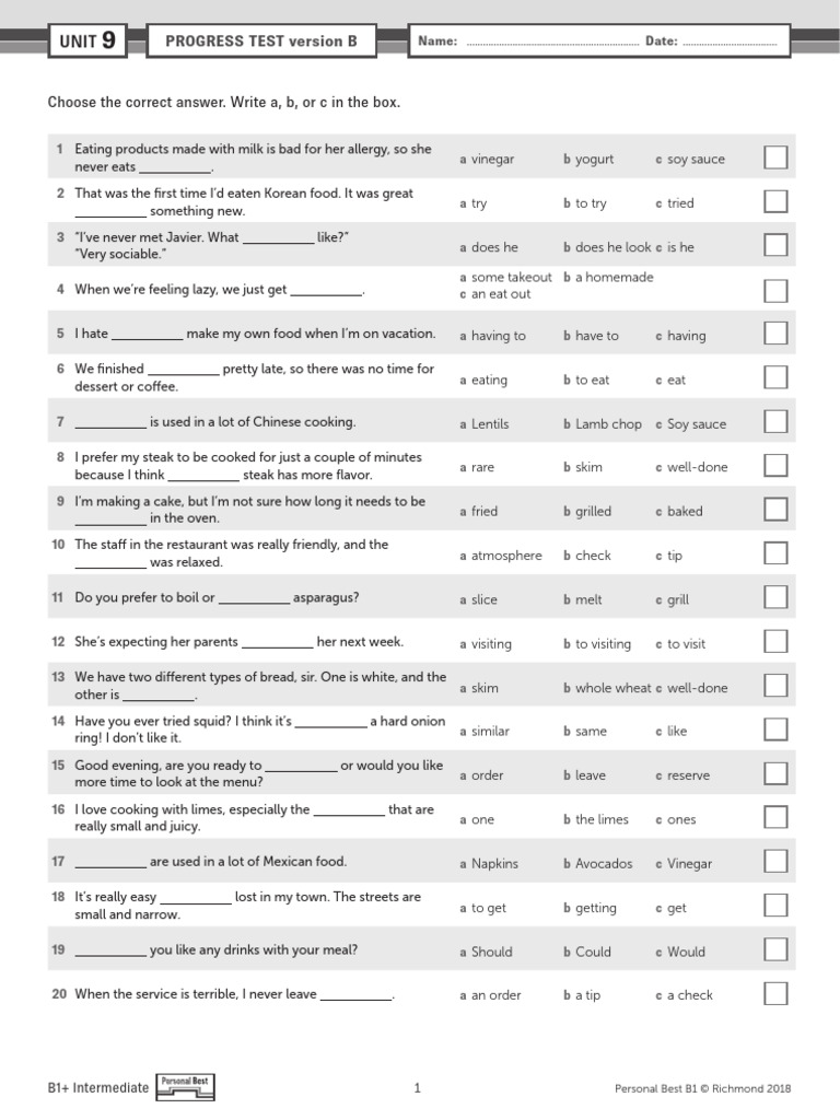 PB AmE B1 Unit Test U9 Version B | PDF | Sauce | Grilling