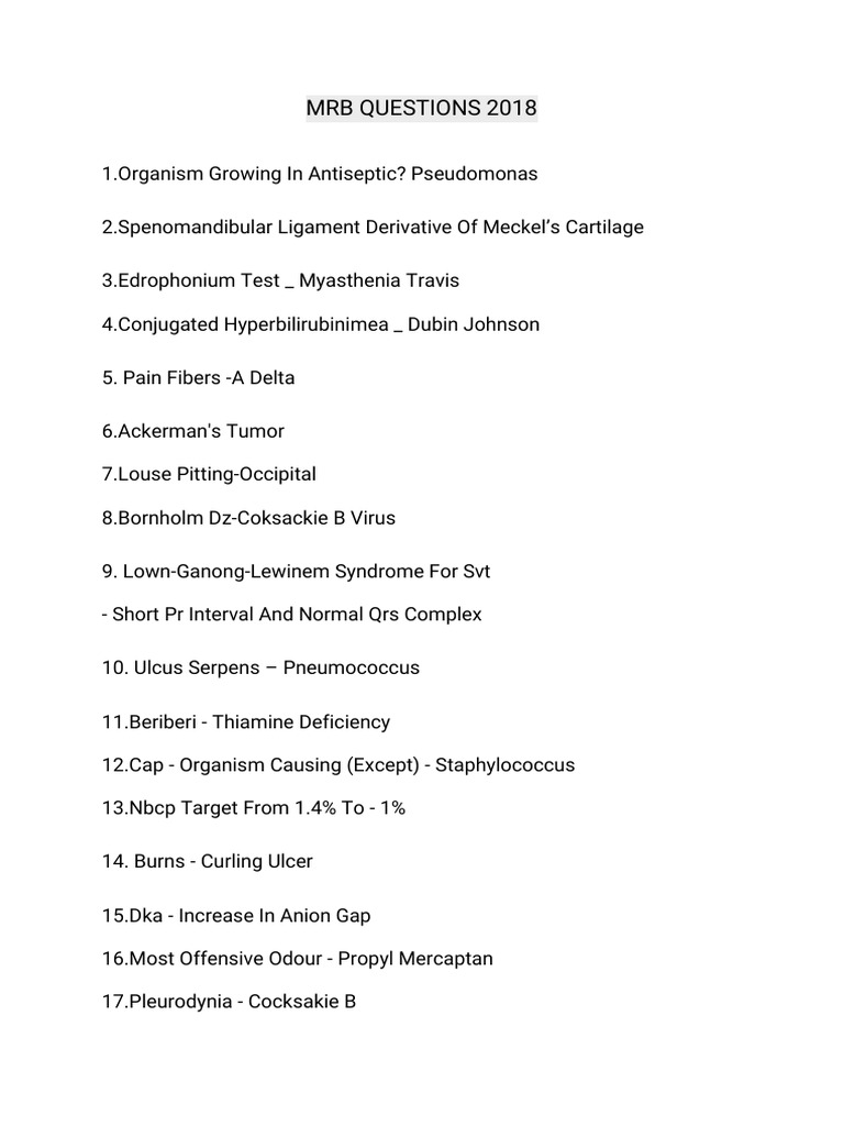 2018 MRB Medical Questions Summary | PDF