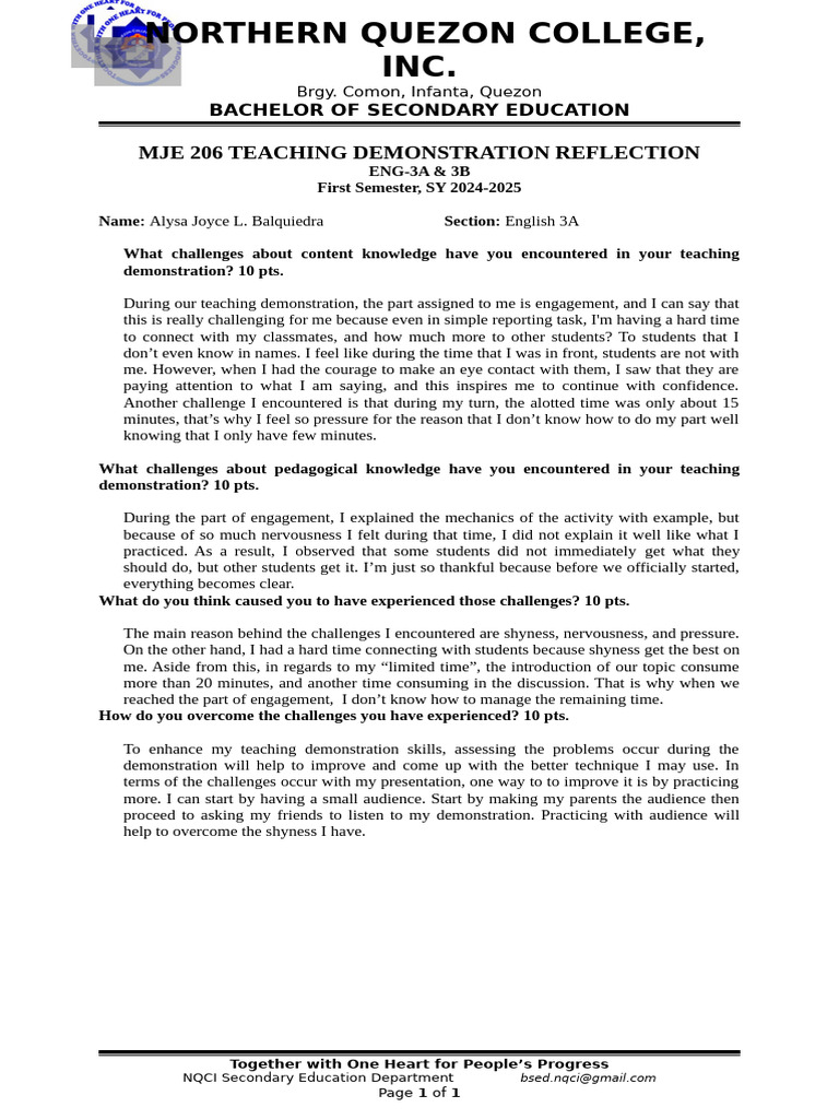 MJE 206 Teaching Demo Reflection | PDF