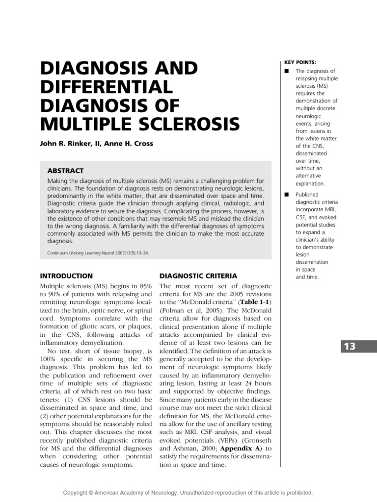 Differential Disagnosis of Multiple Sclerosis | PDF | Multiple Sclerosis | Medical Diagnosis