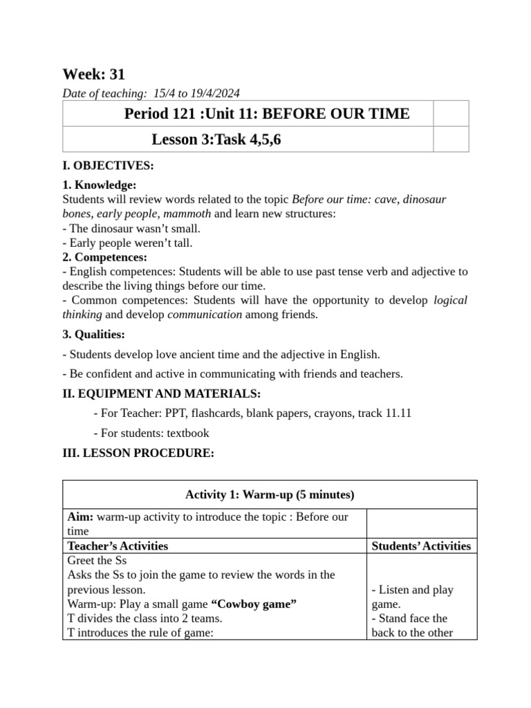 Teaching English: Before Our Time Lessons | PDF | Vocabulary | Question