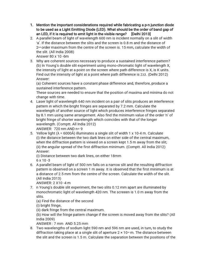 Numericals On Wave Optics | PDF | Diffraction | Wavelength