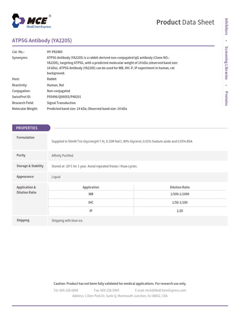 ATP5G Antibody YA2205 DataSheet MedChemExpress | PDF | Antibody | Immunohistochemistry