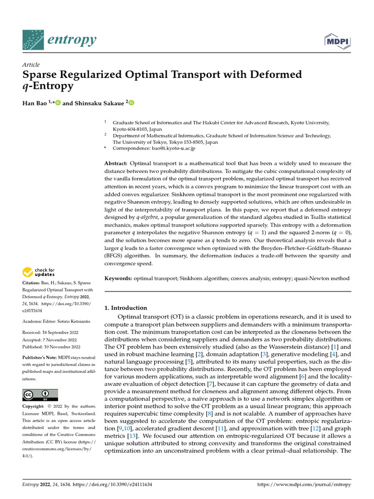 Sparse Regularized Optimal Transport With Deformed Q-Entropy | PDF | Mathematical Optimization ...