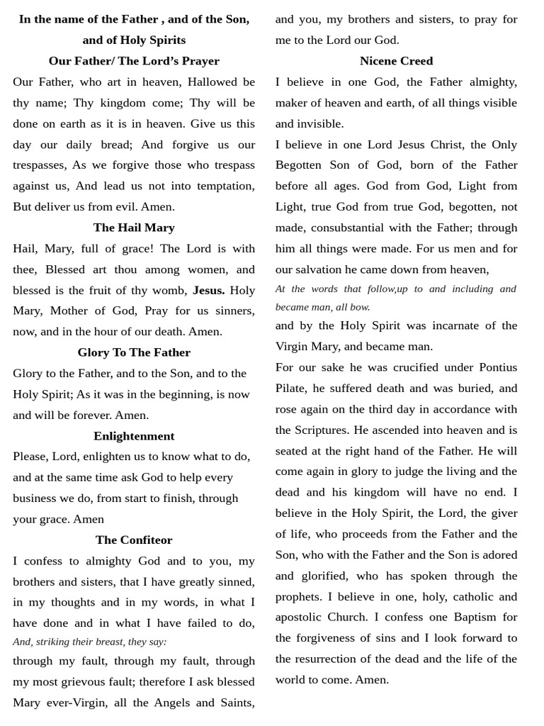 Our Father Hail Mary Gloria To God Nicene Creed | PDF | Lord's Prayer ...