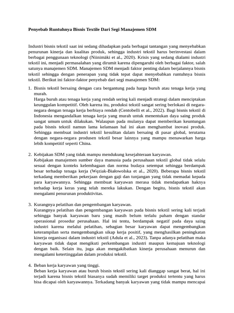 Penyebab Runtuhnya Bisnis Textile Dari Segi Manajemen SDM | PDF