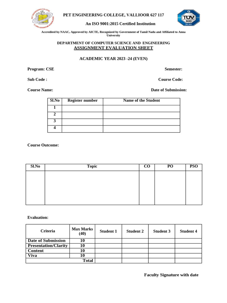 Assignment Evaluation Sheet CSE | PDF