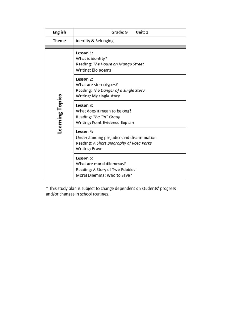 Grade 9 Unit 1 - Study Plan | PDF