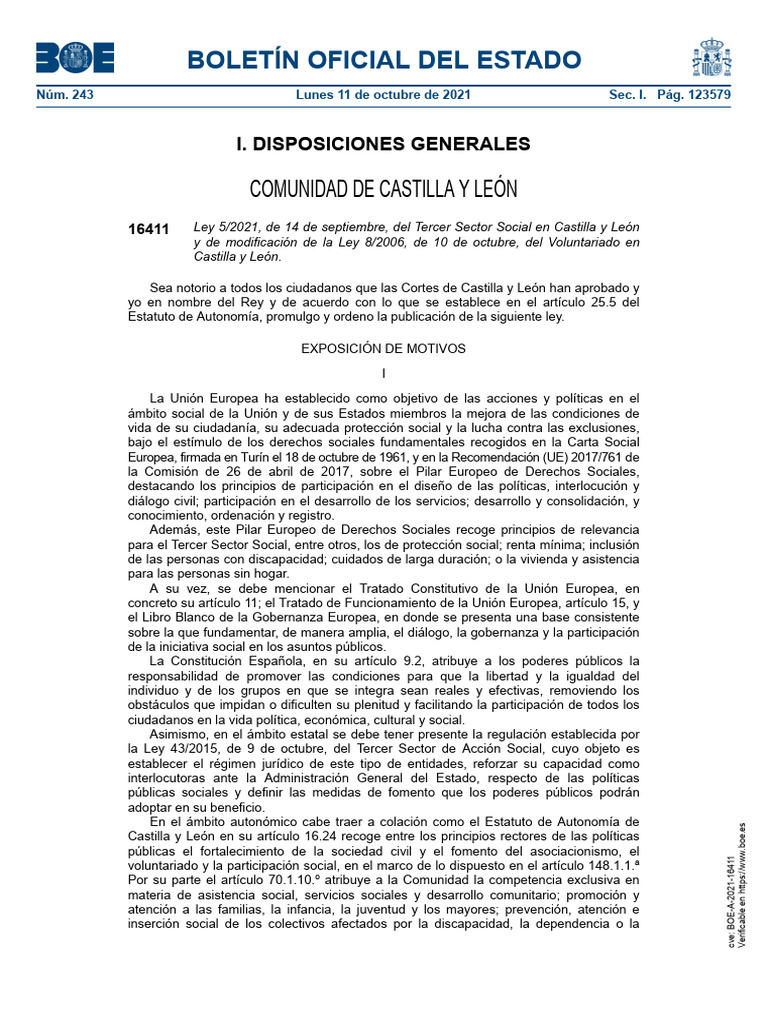 Ley 5 2021 Tercer Sector en CyL BOE A 2021 16411 | PDF | Trabajo Social ...