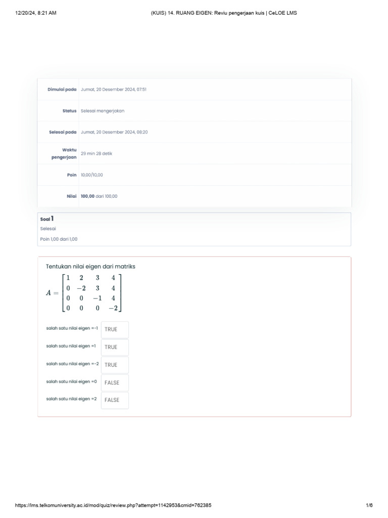 (KUIS) 13. RUANG EIGEN - Reviu Pengerjaan Kuis - CeLOE LMS | PDF