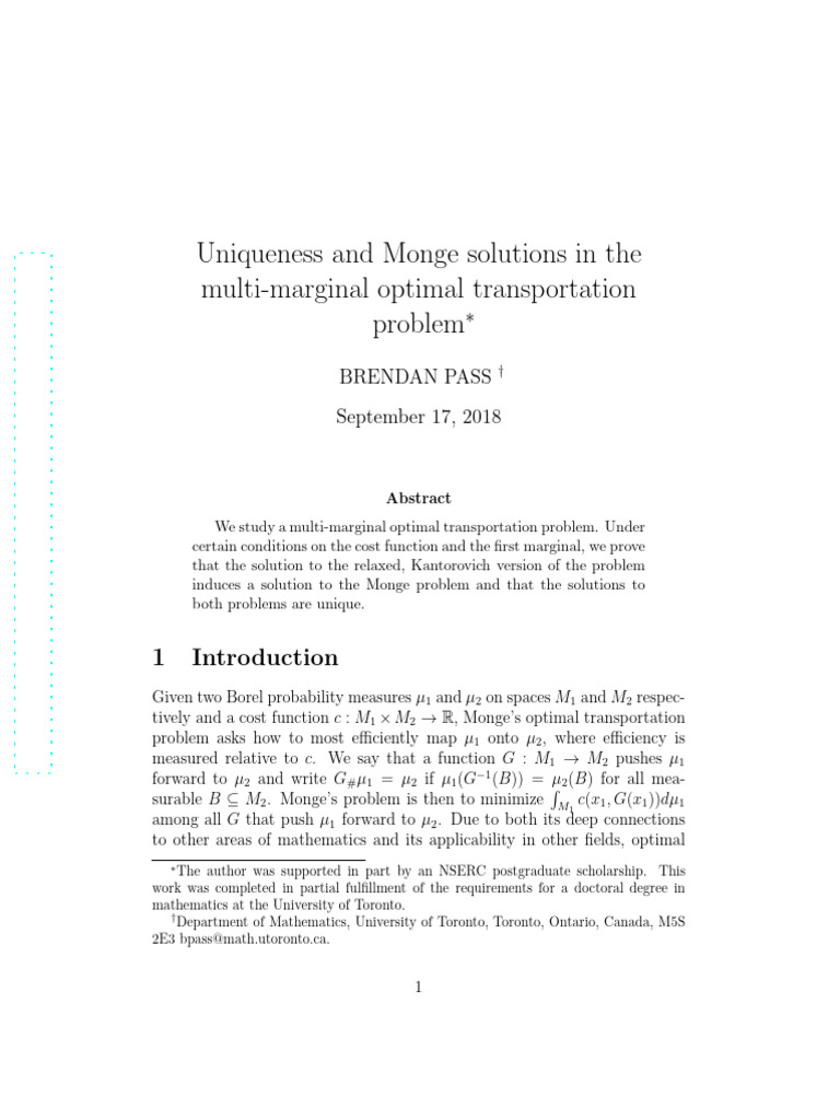 Uniqueness and Monge Solutions in The Multimarginal OT Problem | PDF ...