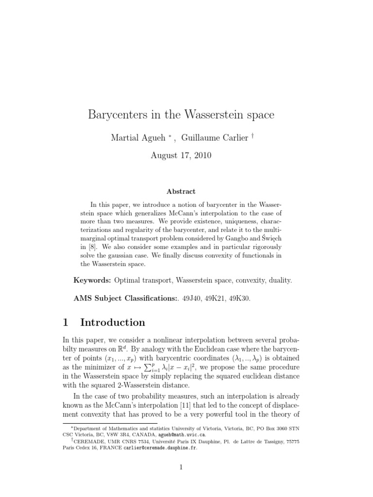 Barycenters in The Wasserstein Space | PDF | Eigenvalues And Eigenvectors | Measure (Mathematics)