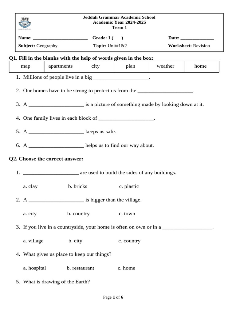 Grade 1 Geography Revision Worksheet | PDF | Earth Sciences