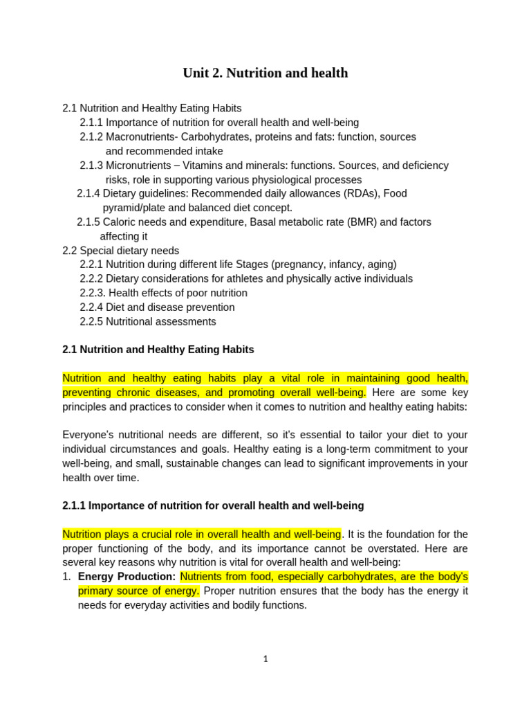 OE Unit 2 Nutrition and Health | PDF | Healthy Diet | Nutrients