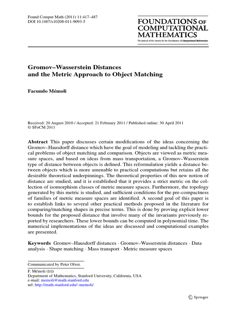 Gromov–Wasserstein Distances and the Metric Approach to Object Matching | PDF | Metric Space ...
