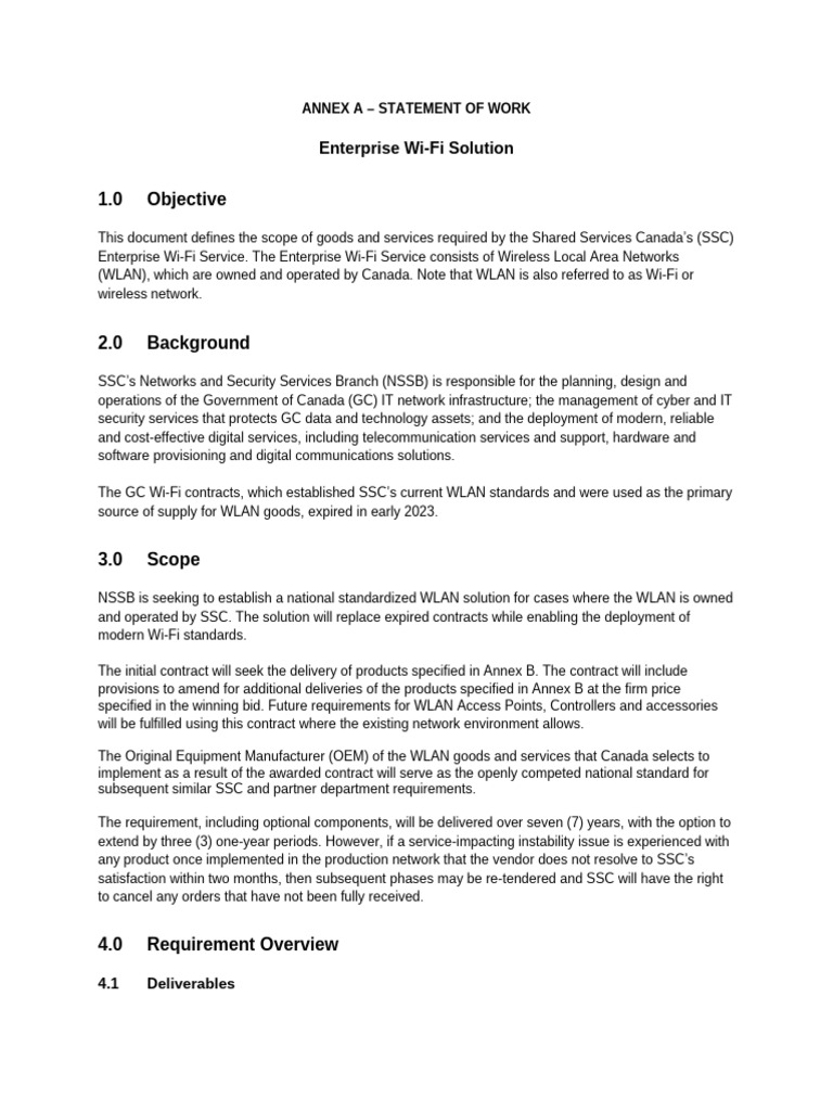 Annex a - SOW - Enterprise Wi-Fi Goods Procurement En | PDF | Wireless Lan | Wi Fi