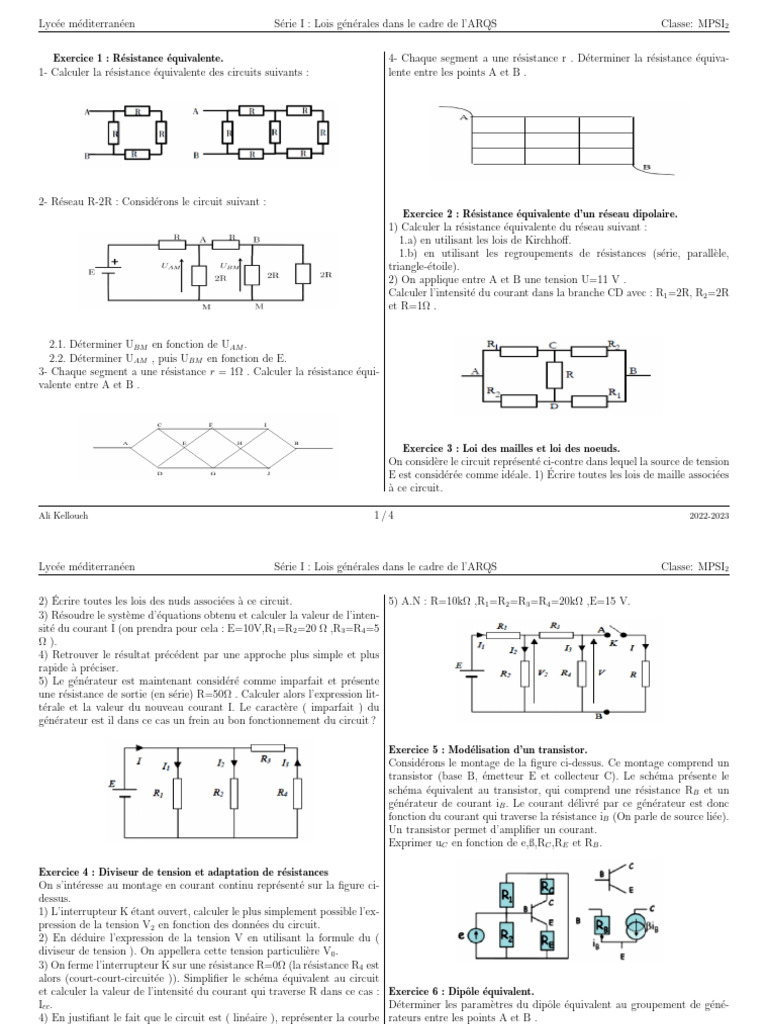 TD1-Electrocinétique MPSI 2 | PDF | Tension électrique | Résistance ...