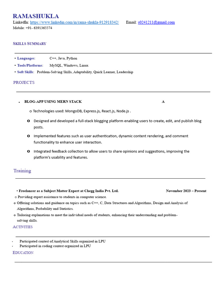 CV of Rama Shukla - Tech Skills & Projects | PDF