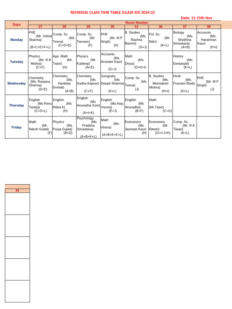 REMEDIAL CLASS XII TIME TABLE-(11-15th Nov) | PDF