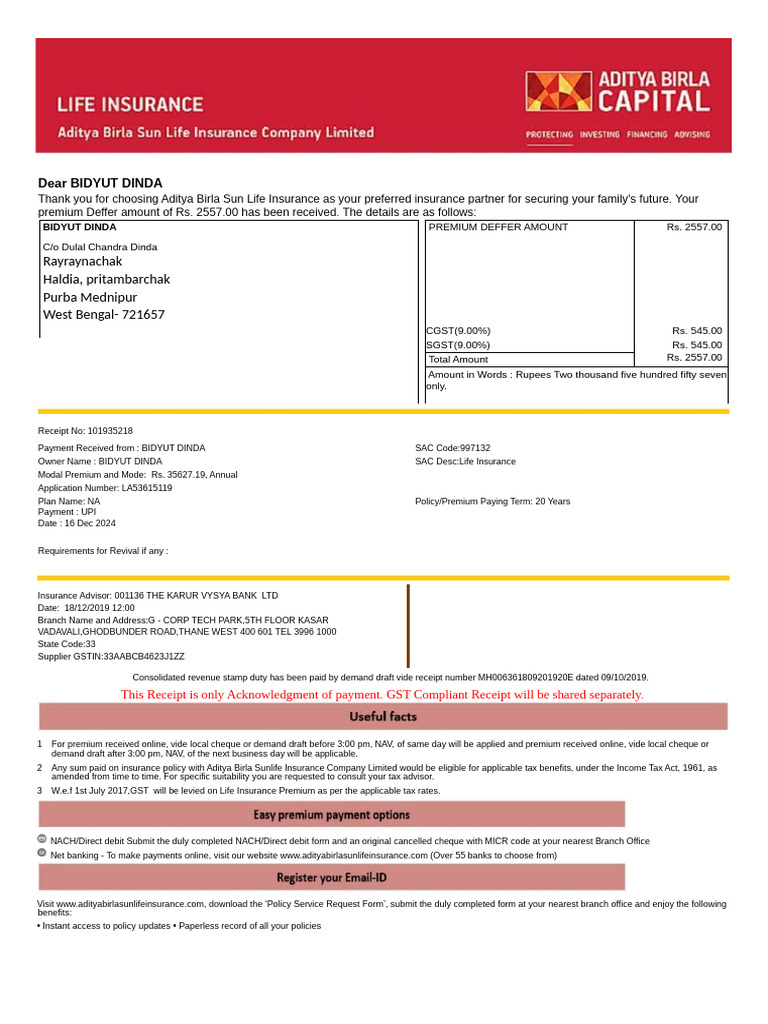 Absli 3140206 | PDF | Life Insurance | Payments