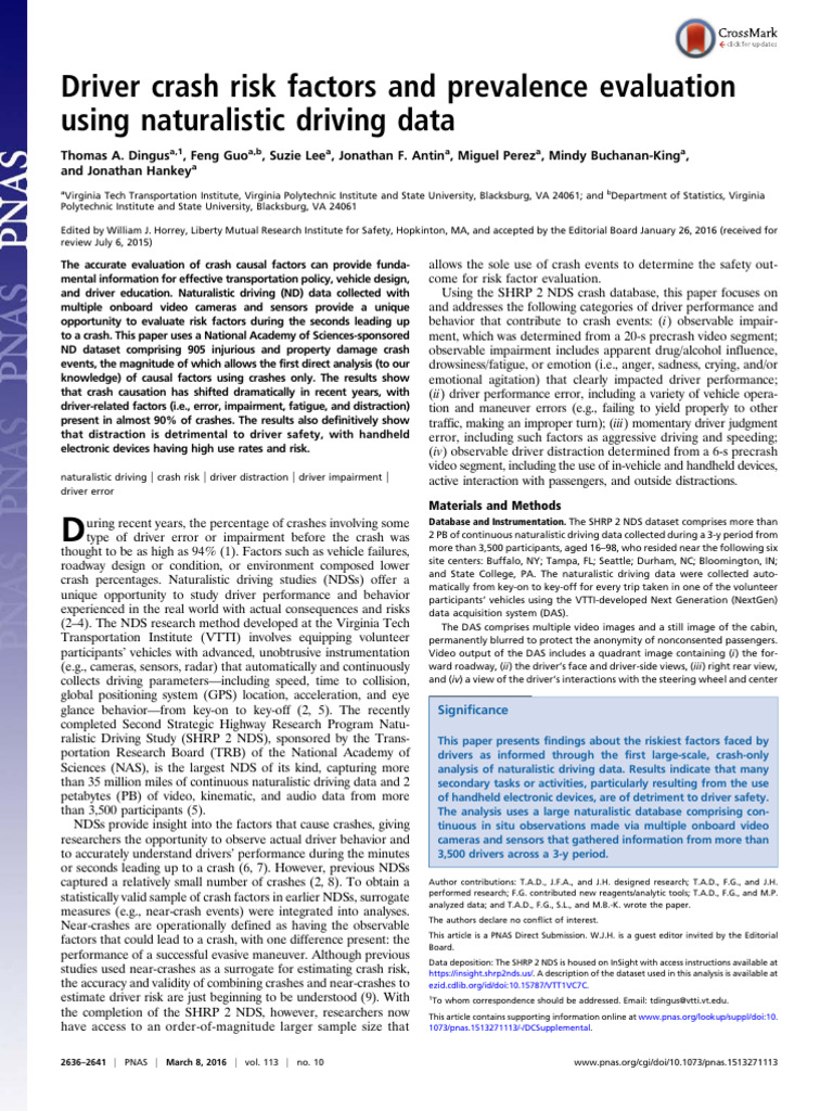 Dingus Et Al 2016 Driver Crash Risk Factors and Prevalence Evaluation Using Naturalistic Driving ...
