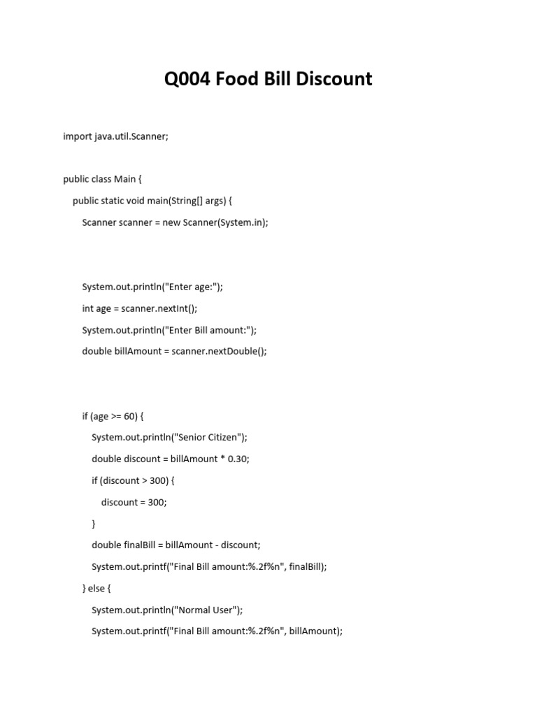 Q004 Food Bill Discount - Program in Java | PDF