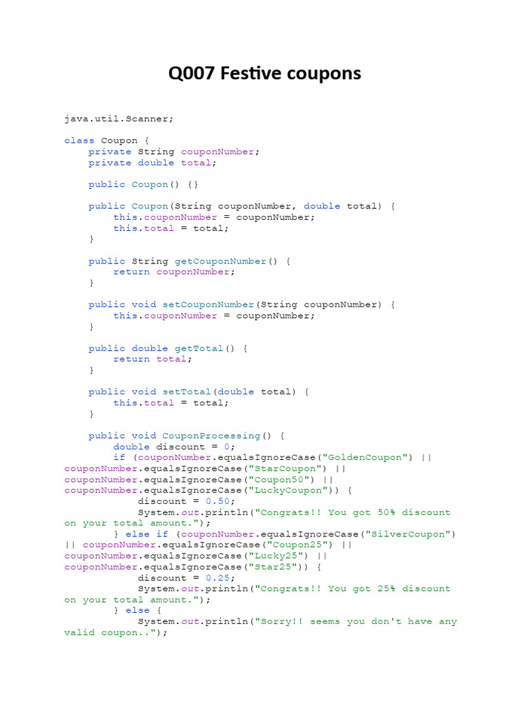 Q007 Festive coupons_program in java | PDF | Computer Science | Computer Programming