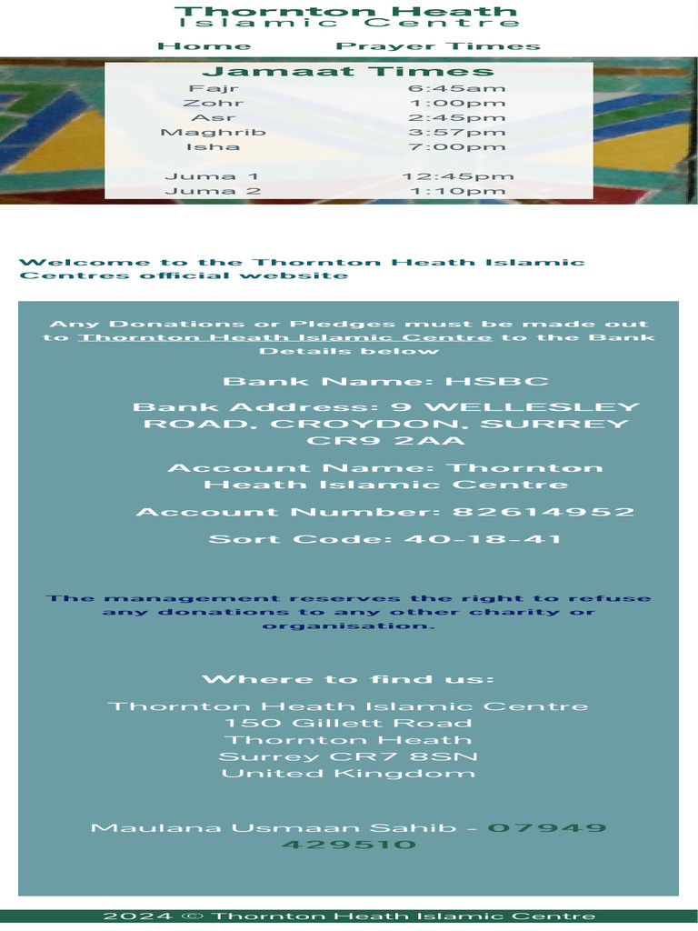 Thornton Heath Islamic Centre Prayer Times | PDF