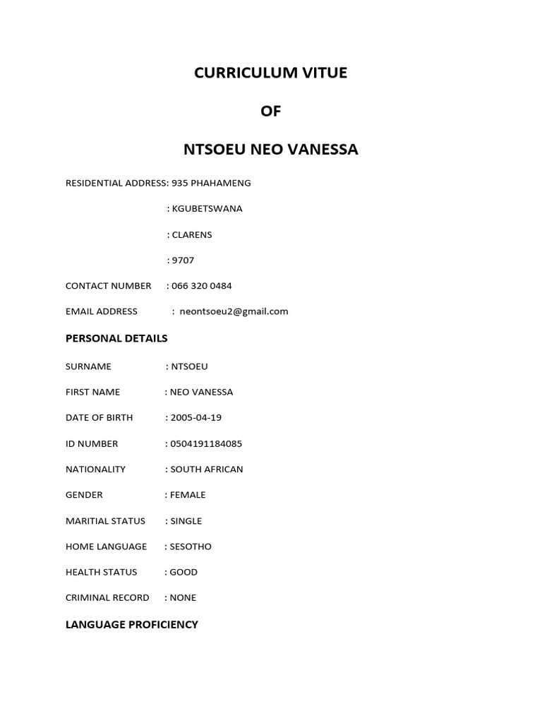 Curriculum Vitue OF Ntsoeu Neo Vanessa: Personal Details | PDF